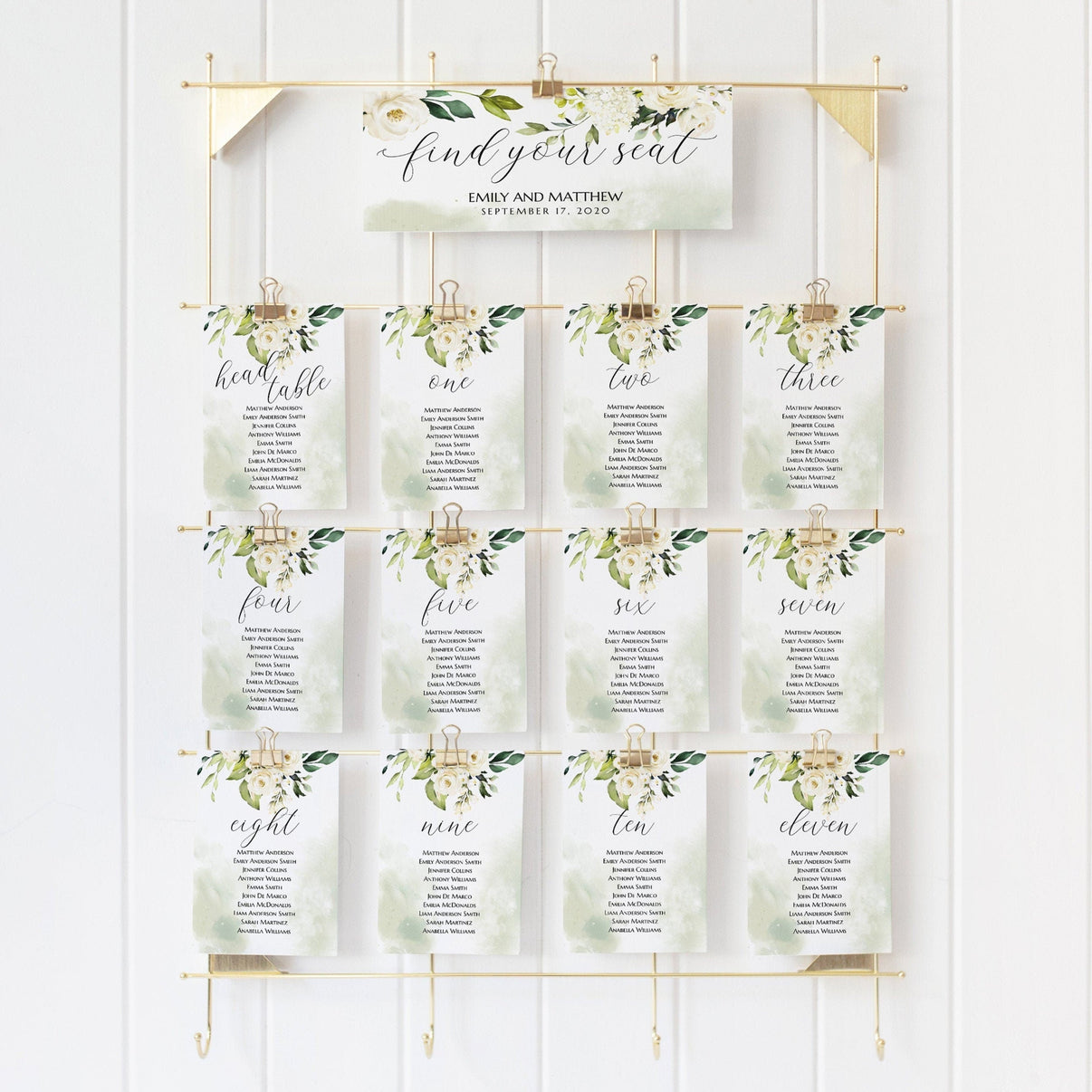 Seating chart cards, Greenery seating chart, Table seating cards, Seat ...