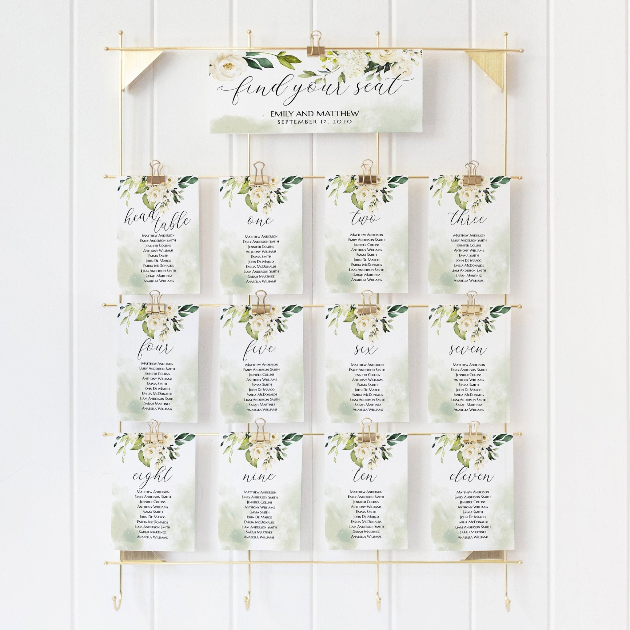 Seating chart cards, Greenery seating chart, Table seating cards, Seat ...